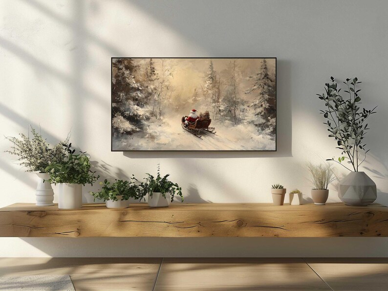 Vintage Winter Christmas Frame TV Art Neutral Santa Claus Holiday ...