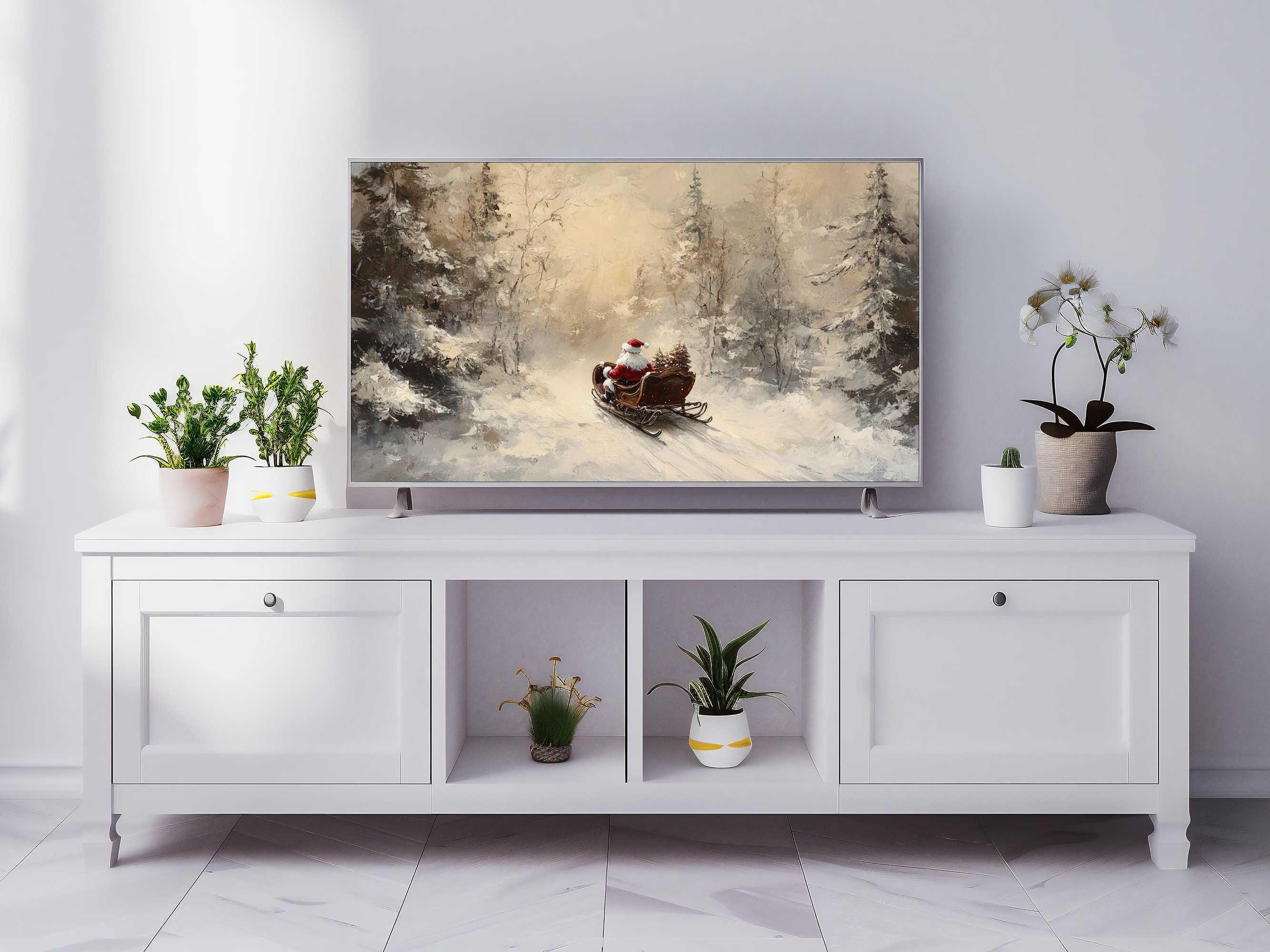 Vintage Winter Christmas Frame TV Art Neutral Santa Claus Holiday ...