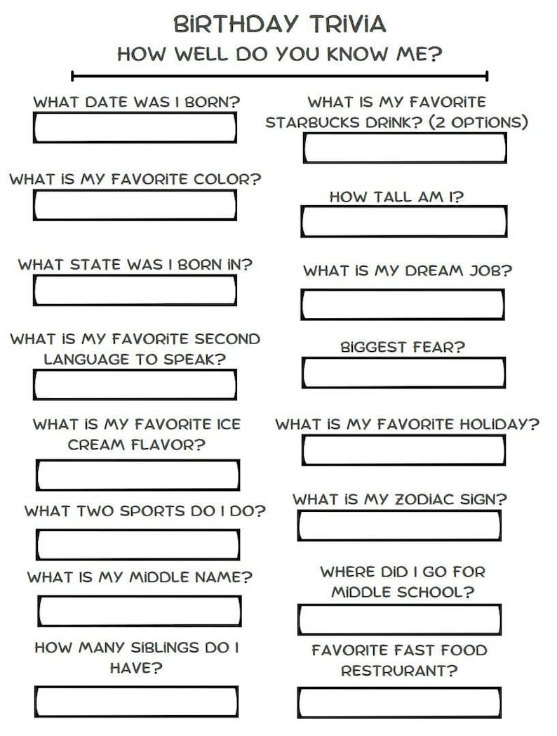 Printable Birthday Party Trivia Game- Party Games. All About the ...