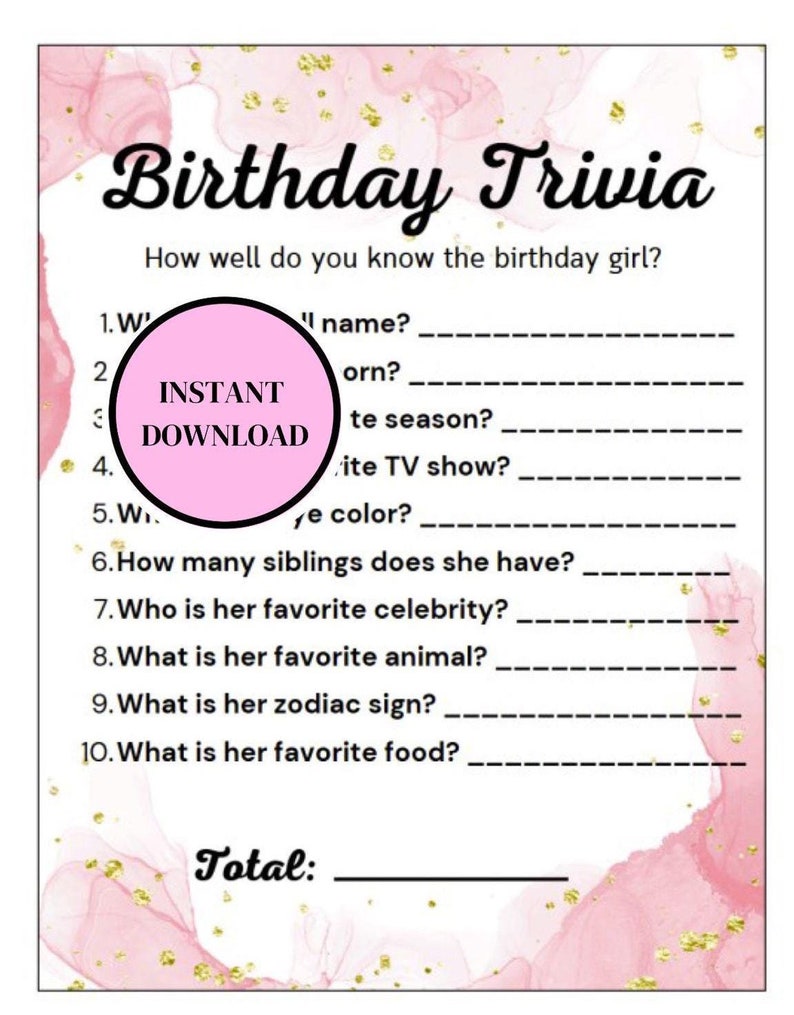 Printable Birthday Party Trivia Game Pink Themed Party Games. All About ...