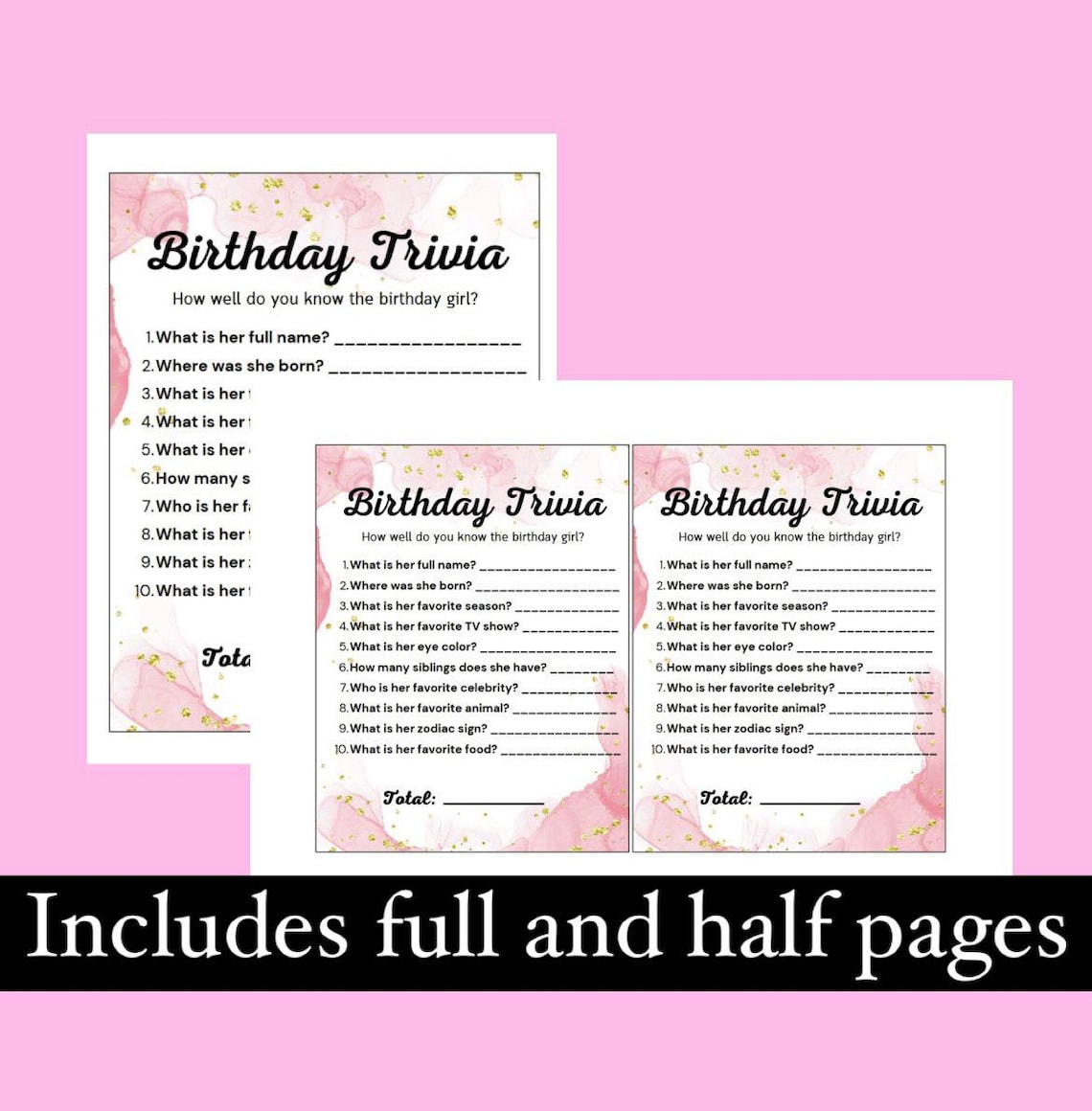 Printable Birthday Party Trivia Game Pink Themed Party Games. All About ...
