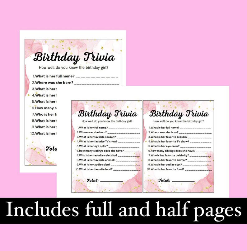 Printable Birthday Party Trivia Game Pink Themed Party Games. All About ...