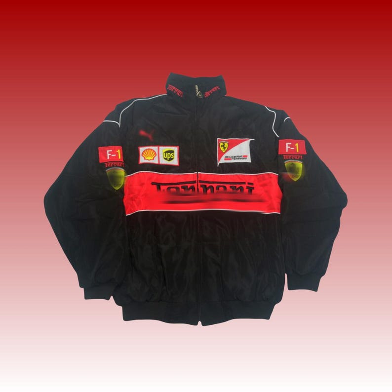 Motorsport Vintage F1 Racing Jacket, Black Embroidered Cotton Padded ...