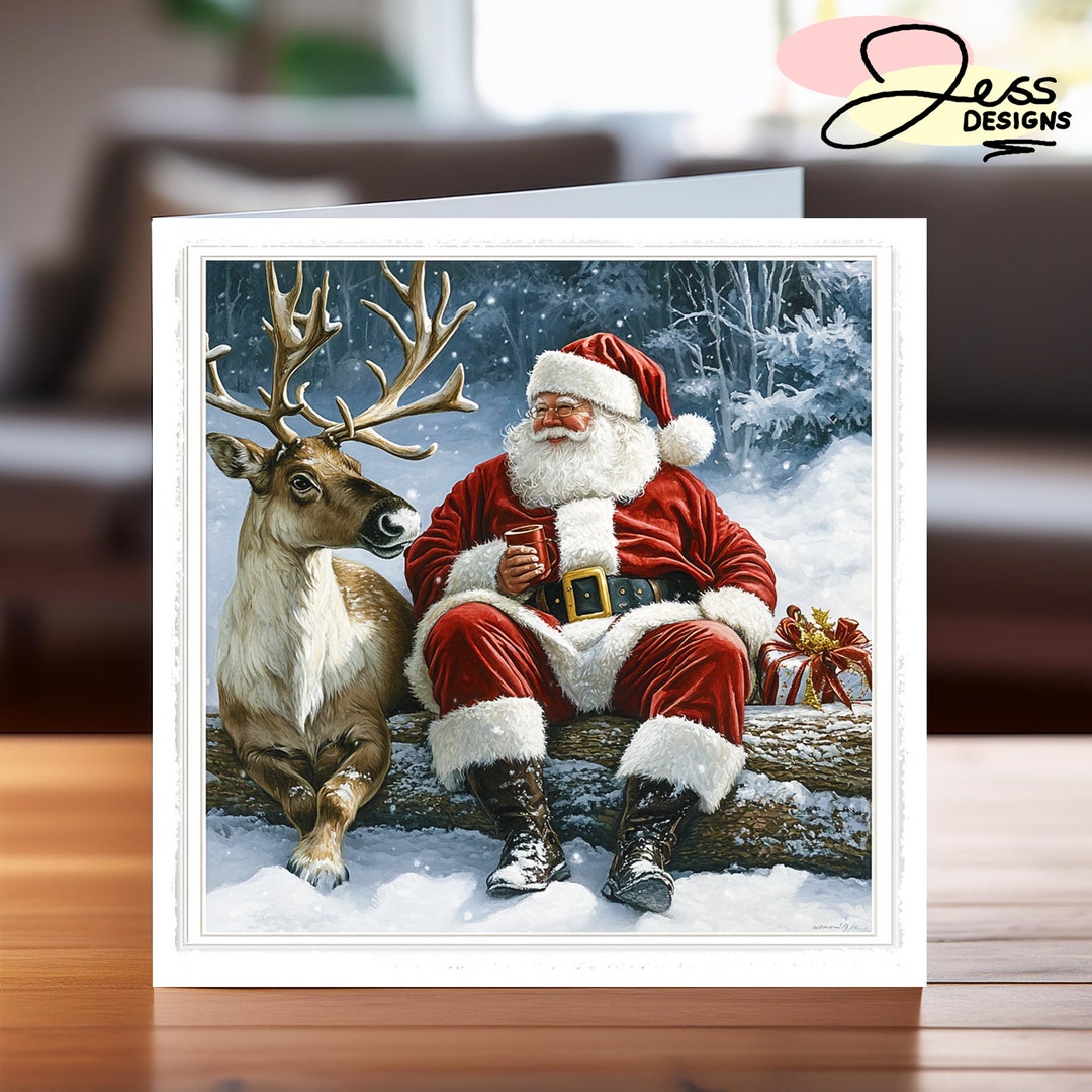 Santa and Reindeer Christmas Card Festive Holiday Greeting, Winter ...
