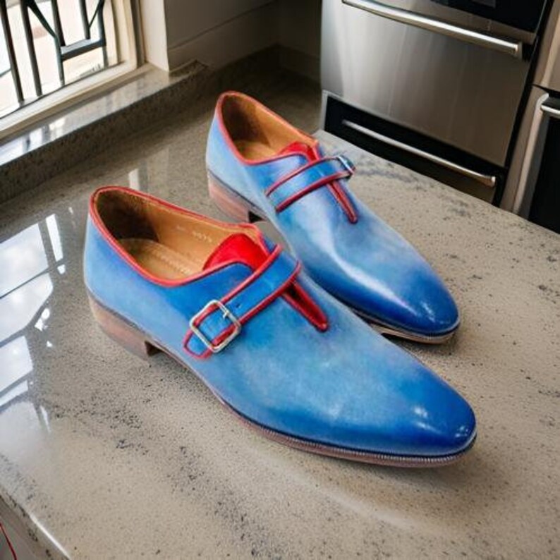Handmade Men's Leather New Stylish Blue With Red Shade Single Monk ...