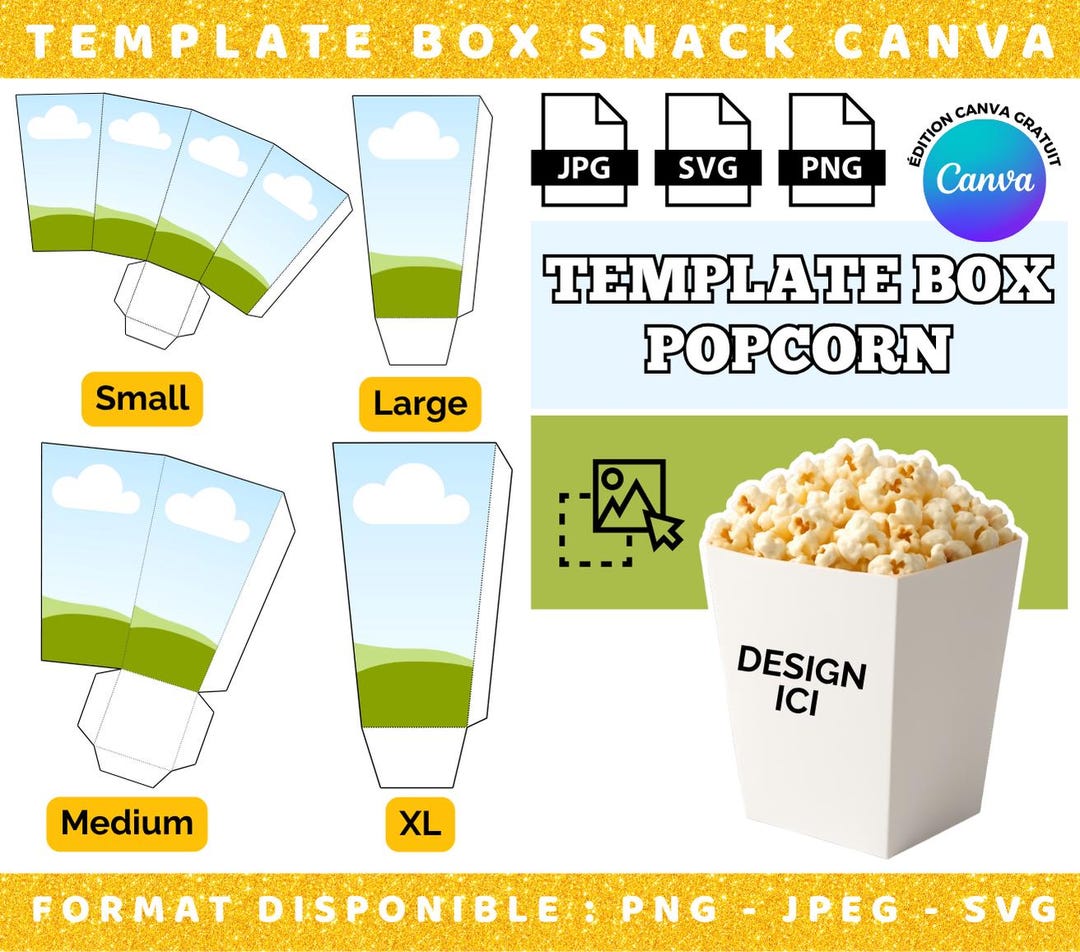 Pack 4 Modèles Boîte Popcorn à Imprimer | Template Canva + Gabarit De ...