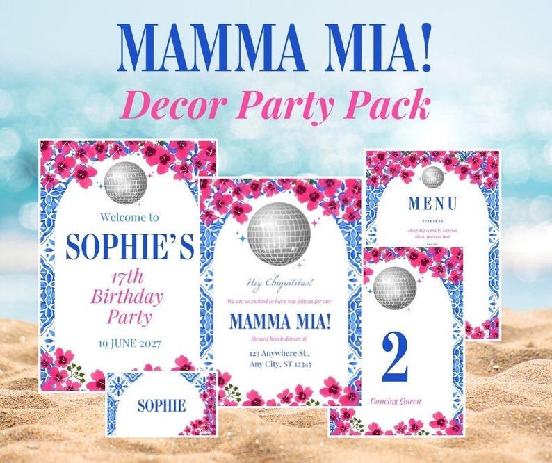 Mamma Mia Decor Party Pack Canva Templates | Invitation, Welcome Sign ...
