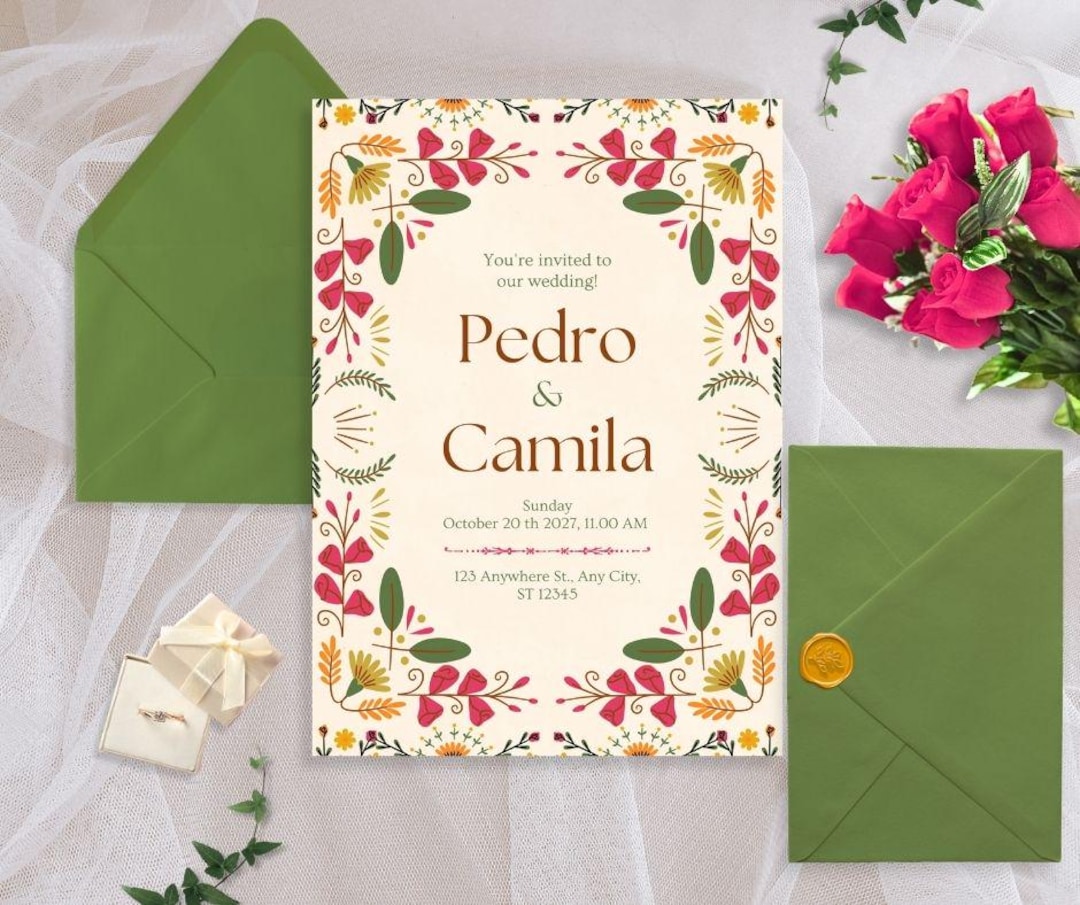 Mexican Floral Border Wedding Invitation Canva Template | Colorful Pink ...