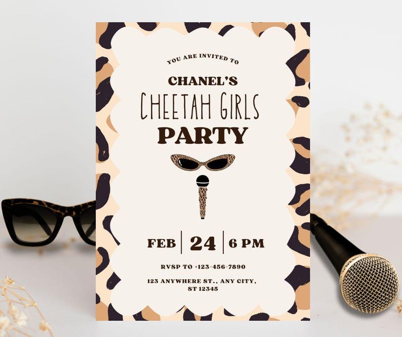 Cheetah Girls Party Invitation Canva Template | Beige & Brown Cheetah ...