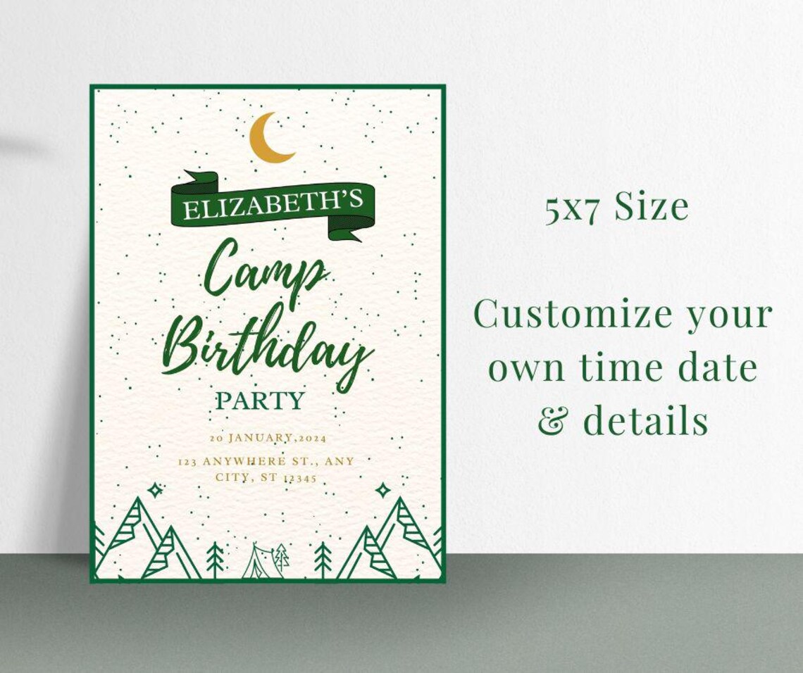 Elegant Green & Gold Parent Trap Camping Party Invitation | Camping ...