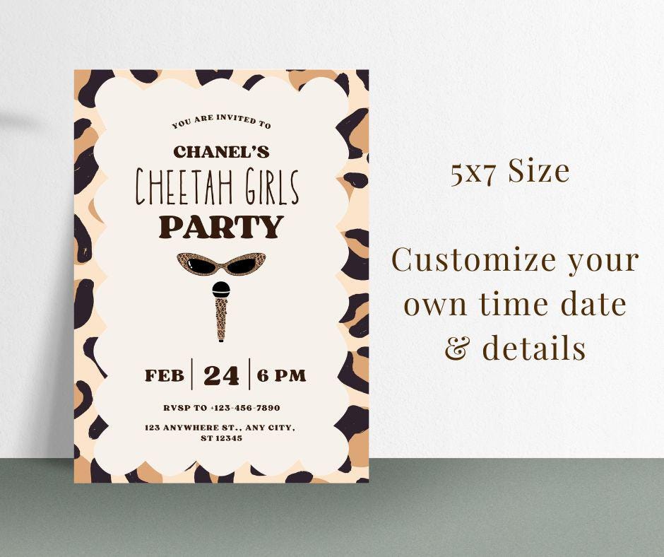 Cheetah Girls Party Invitation Canva Template | Beige & Brown Cheetah ...