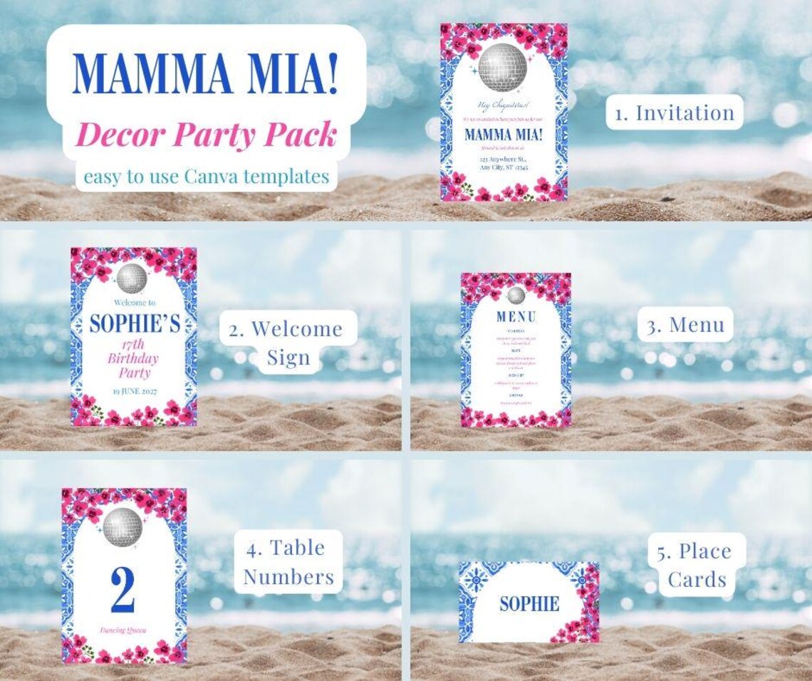 Mamma Mia Decor Party Pack Canva Templates | Invitation, Welcome Sign ...
