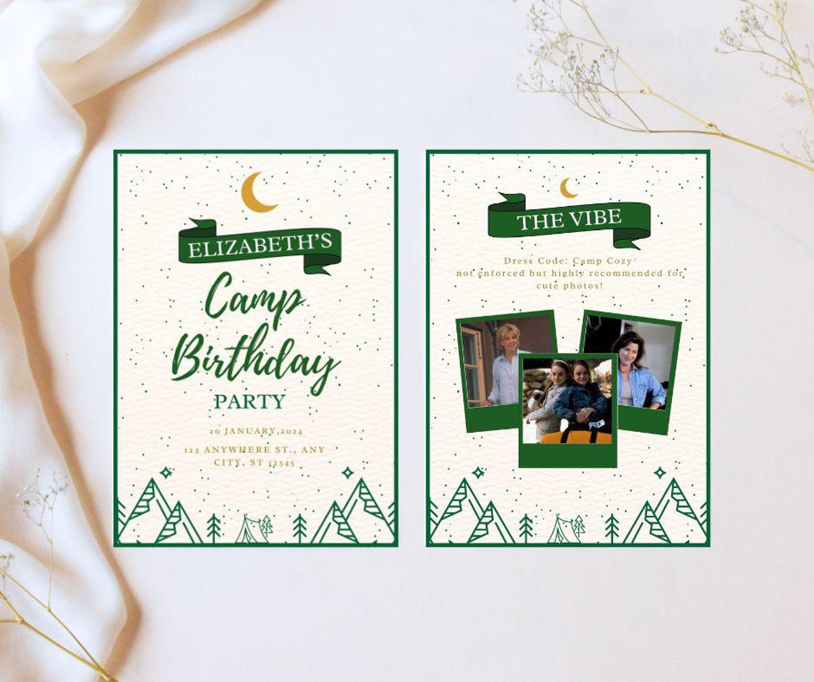 Elegant Green & Gold Parent Trap Camping Party Invitation | Camping ...