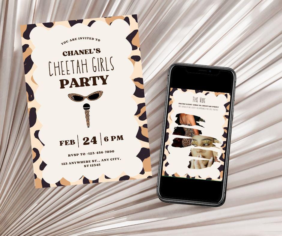 Cheetah Girls Party Invitation Canva Template | Beige & Brown Cheetah ...