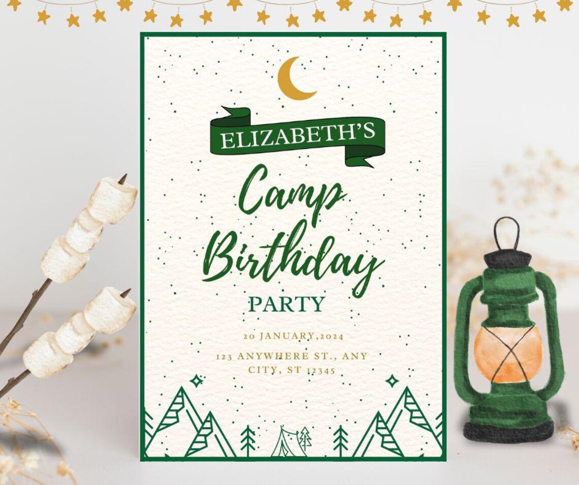 Elegant Green & Gold Parent Trap Camping Party Invitation | Camping ...