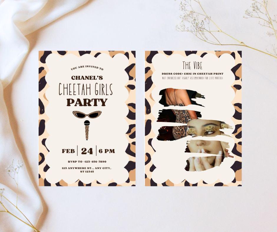 Cheetah Girls Party Invitation Canva Template | Beige & Brown Cheetah ...