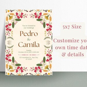 Mexican Floral Border Wedding Invitation Canva Template | Colorful Pink ...