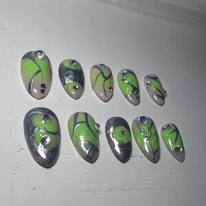 Green and Silver Chrome Gel X Presson Nail Set/ Medium Almond Shape Gel ...