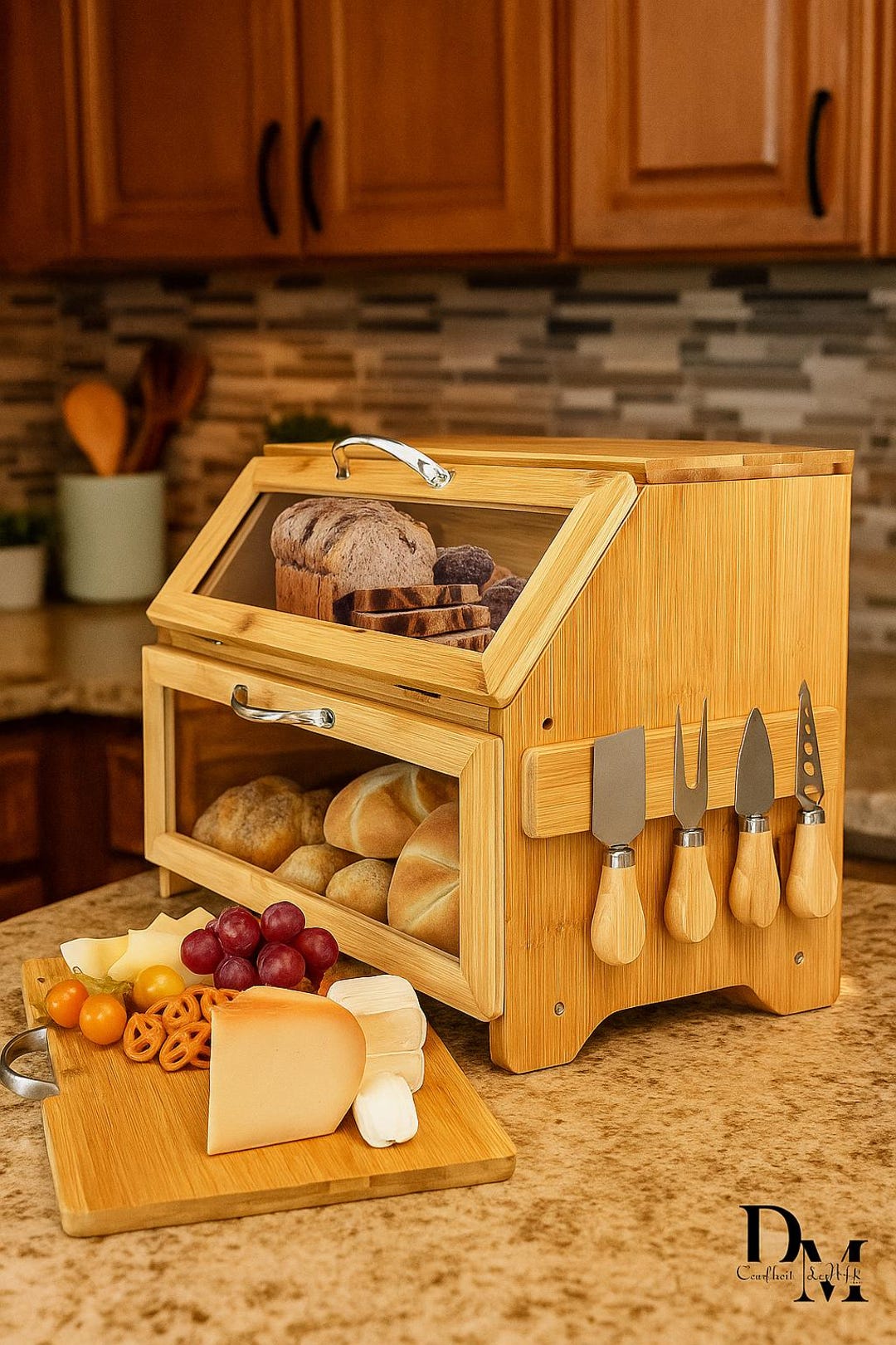 Handmade Bread Box With Cutting Board & Knife Set for Kitchen ...