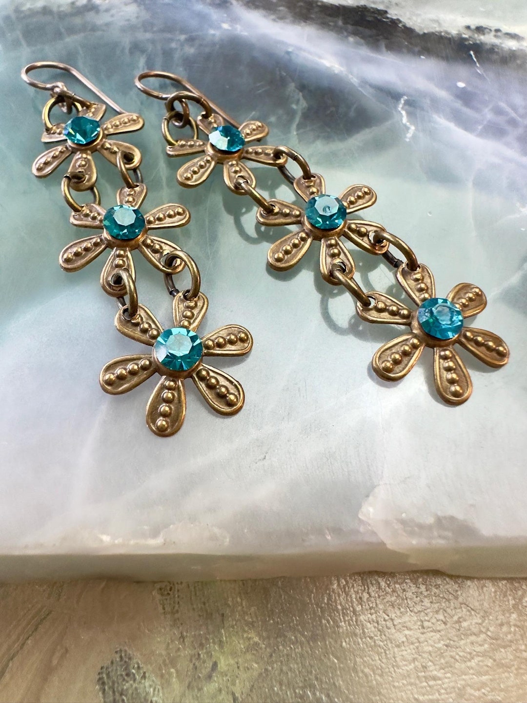 Triple Flower Teal Rhinestone Drop Earrings | Natural Brass - Etsy