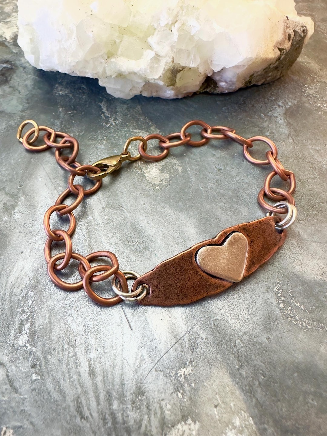 Copper Heart Link Bracelet Antique Copper Plated | Adjustable ~6"- 9 ...