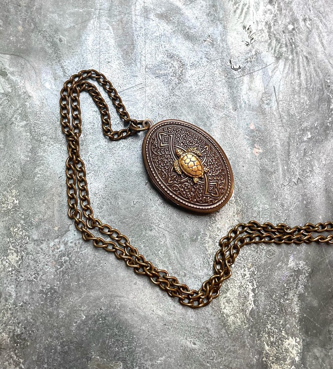 Vintage Tooled Turtle Emblem Locket Natural Brass 18" Necklace Gift REF ...