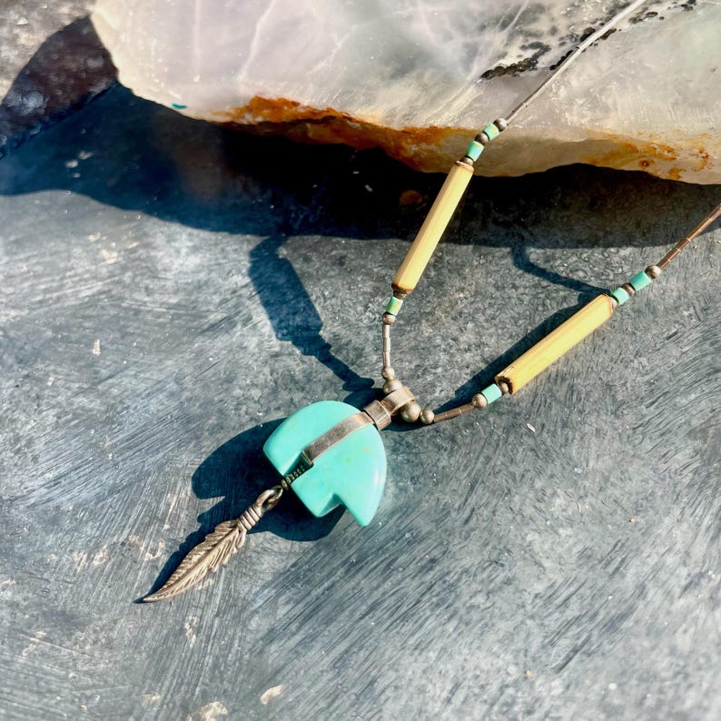 Vintage Liquid Silver Necklace: Turquoise Bear, Sterling Feather, Zuni ...