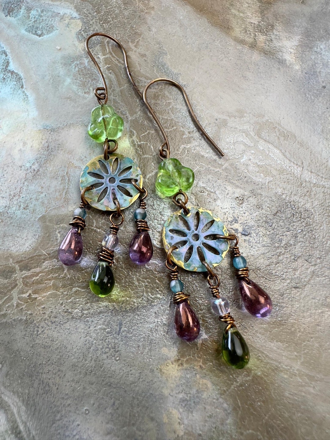 Garden Glass Window 2" Drop Earrings Hand Painted Natural Brass W ...
