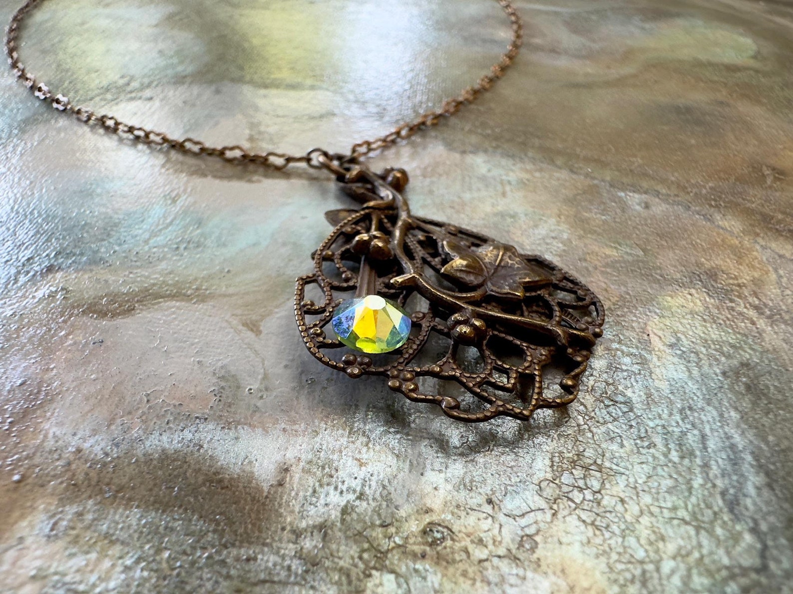 Vintage Filigree Forest Pendant Drop Necklace Vintaj Natural Brass 14.5 ...