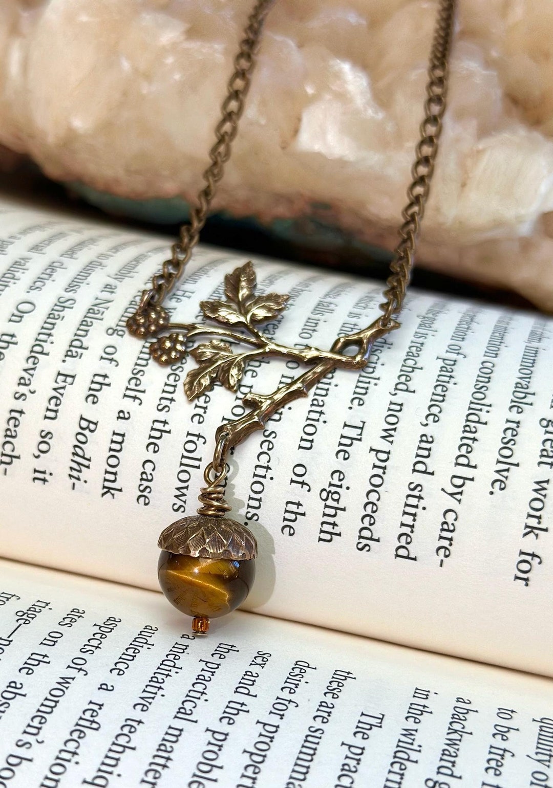 Fall Acorn Tigers Eye Necklace 22" Vintage Tooled Natural Brass ...