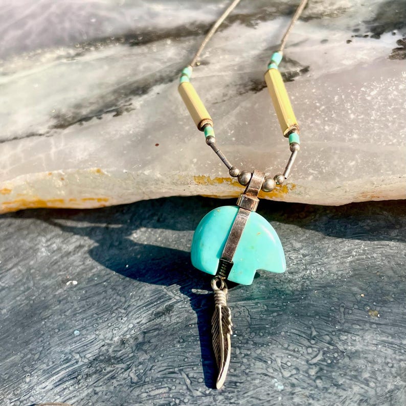 Vintage Liquid Silver Necklace: Turquoise Bear, Sterling Feather, Zuni ...