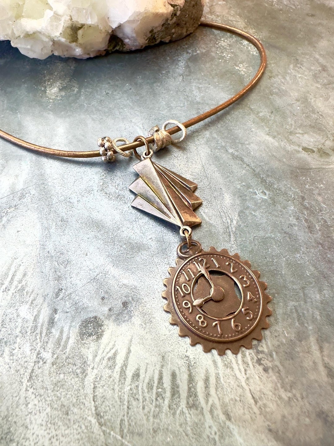 Vintage Steampunk Clock Leather Corded Necklace | Natural Brass 25 ...