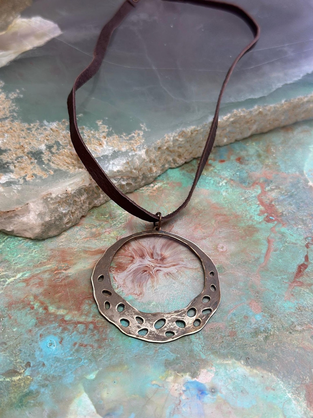 Minimal Organic Hoop Statement Leather Choker 15" Necklace - Etsy