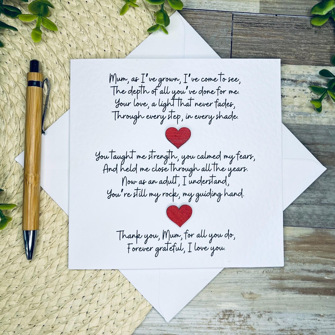Mother's Day Card, Thank You Mum Poem Card, Personalized Greeting ...