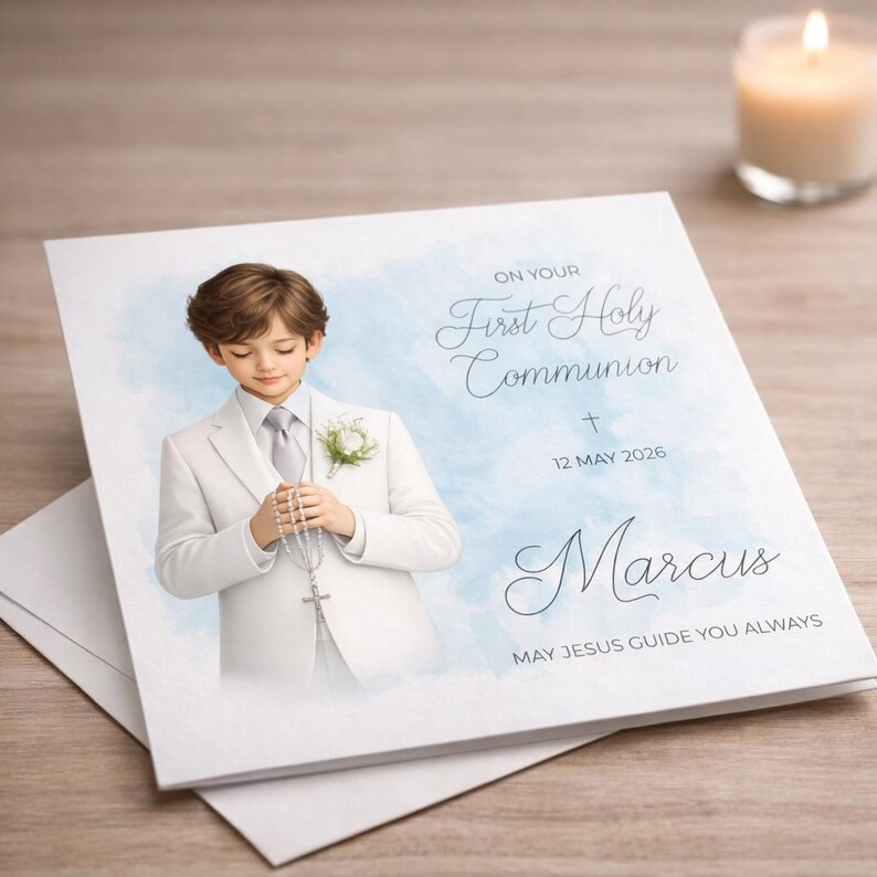 Personalised First Holy Communion Card for Boy, Custom Name Religious ...