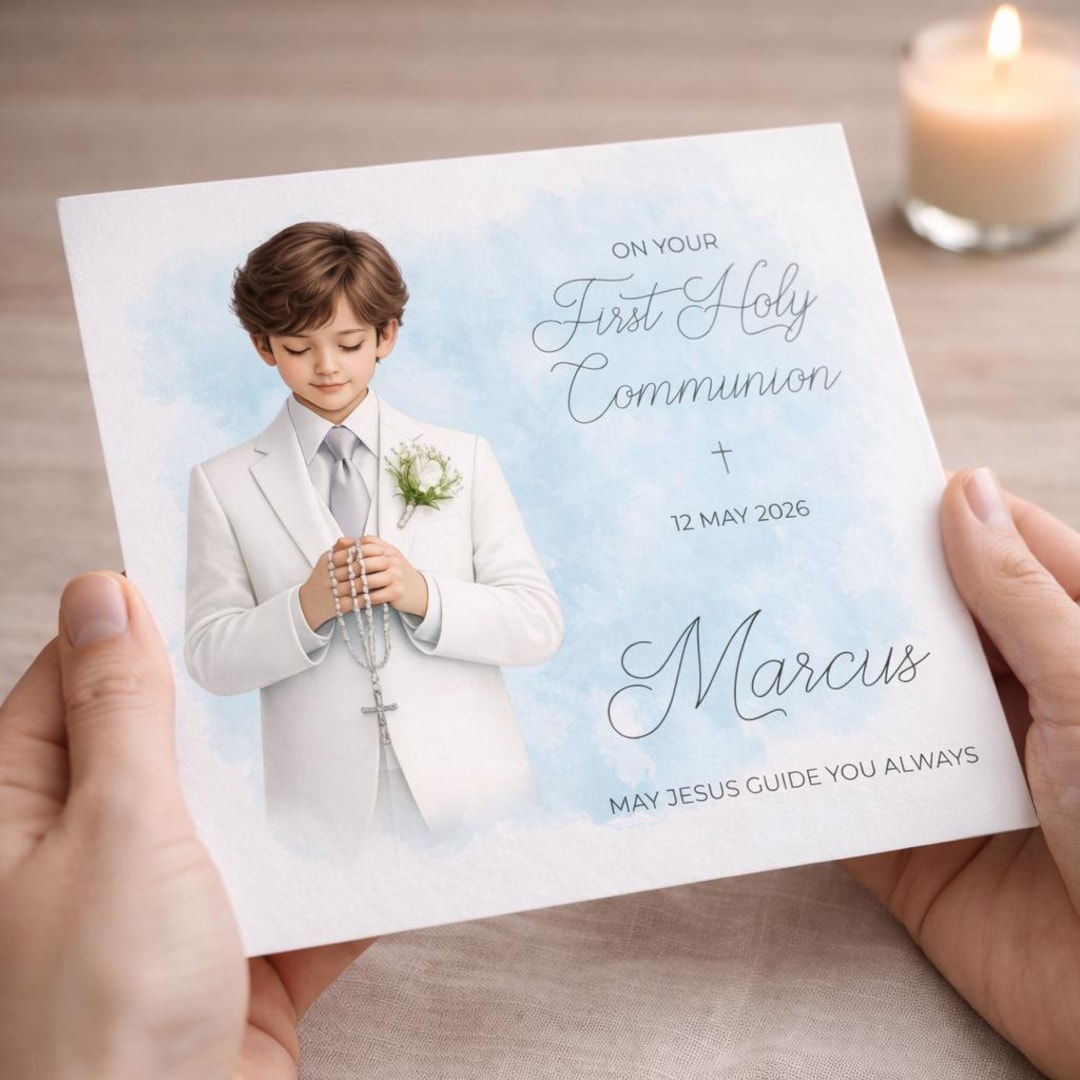 Personalised First Holy Communion Card for Boy, Custom Name Religious ...