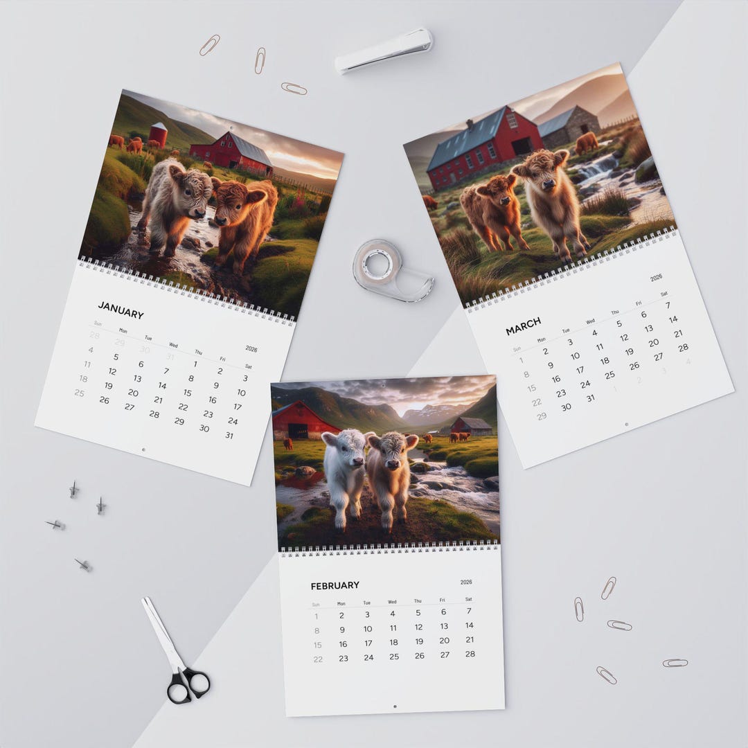 Highland Cows Stream & Red Barn Wall Calendars 2026 - Etsy