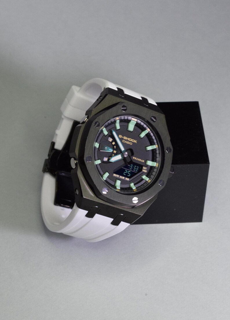 CASIO G-shock GA-2100 Mod, Black Case, White Silicone Strap. Black Dial ...