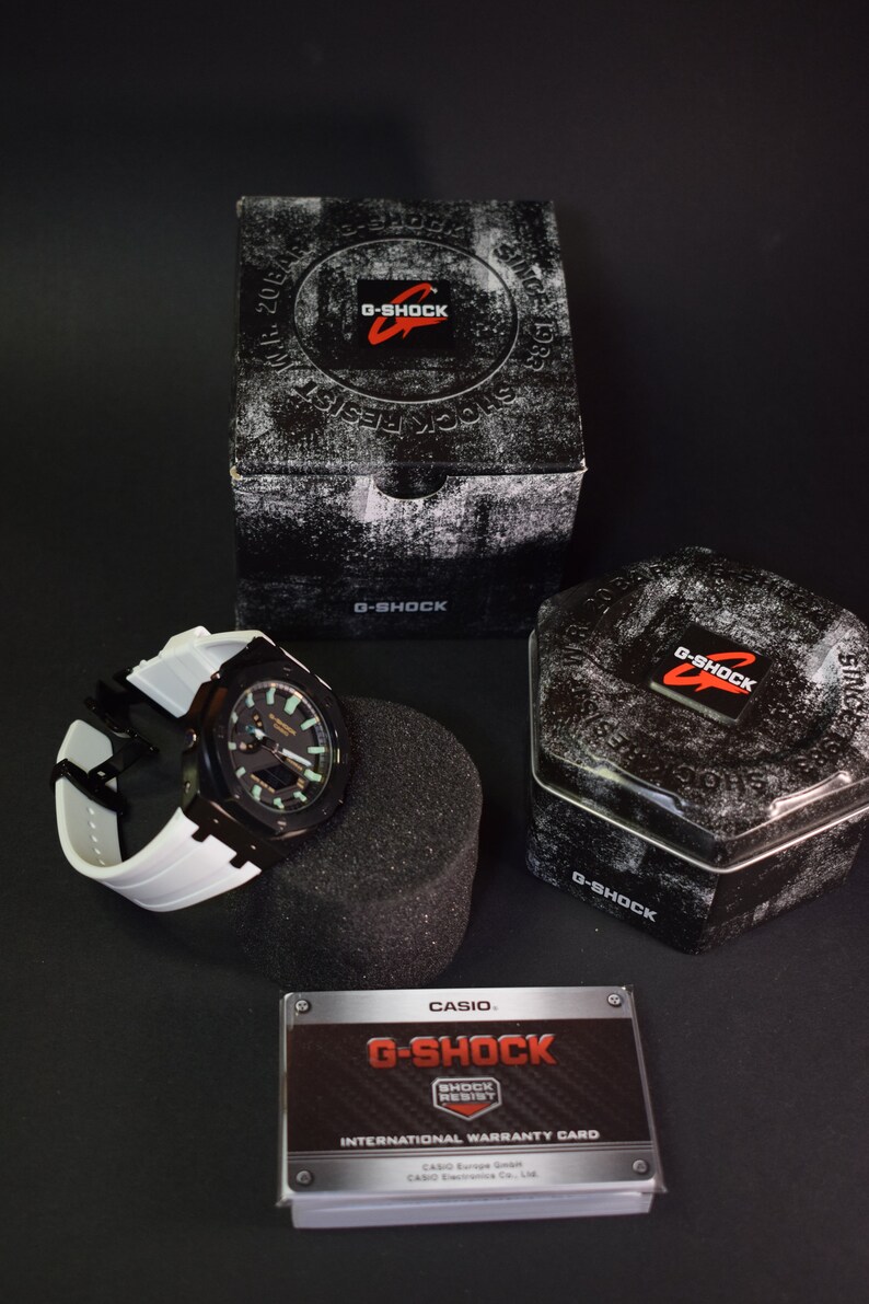 CASIO G-shock GA-2100 Mod, Black Case, White Silicone Strap. Black Dial ...