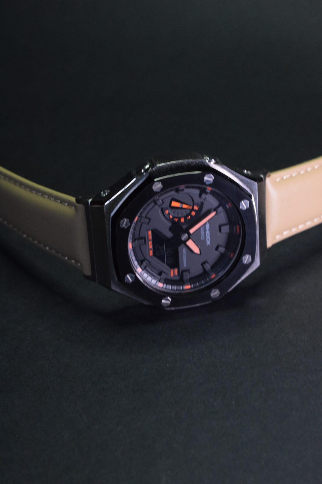 CASIO G-shock GA-2100 Mod. Steel Case, Leather Wirstband, Black and ...