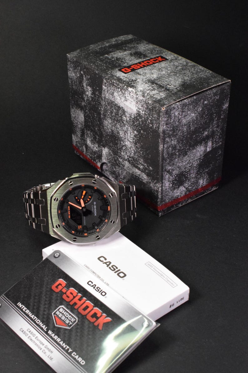 CASIO G-shock GA-2100 Mod. Steel Case, Steel Strap, Black and Orange ...