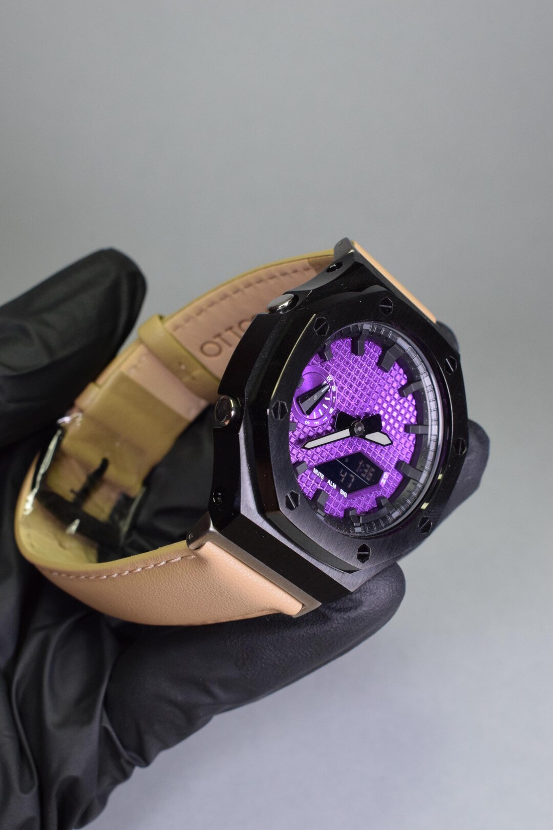 CASIO G-shock GA-2100 Mod. Steel Case, Cream Leather Wirstband, Purple ...