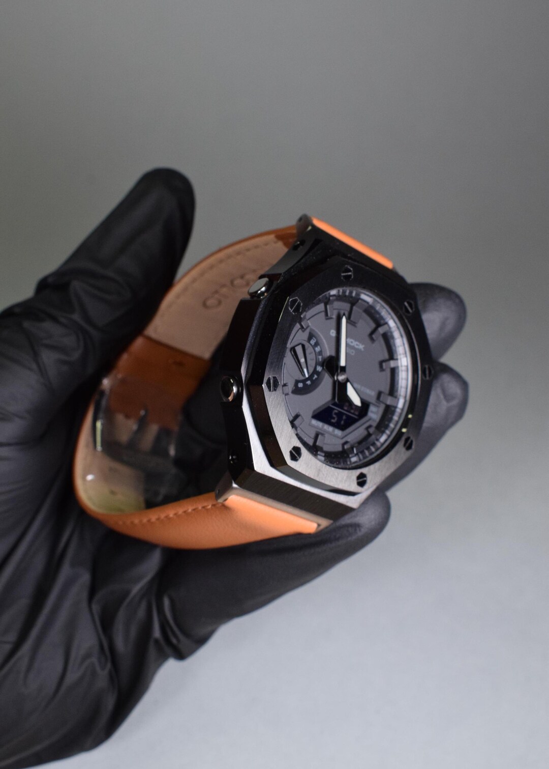 CASIO G-shock GA-2100 Mod. Steel Case, Leather Band, Black Dial ...