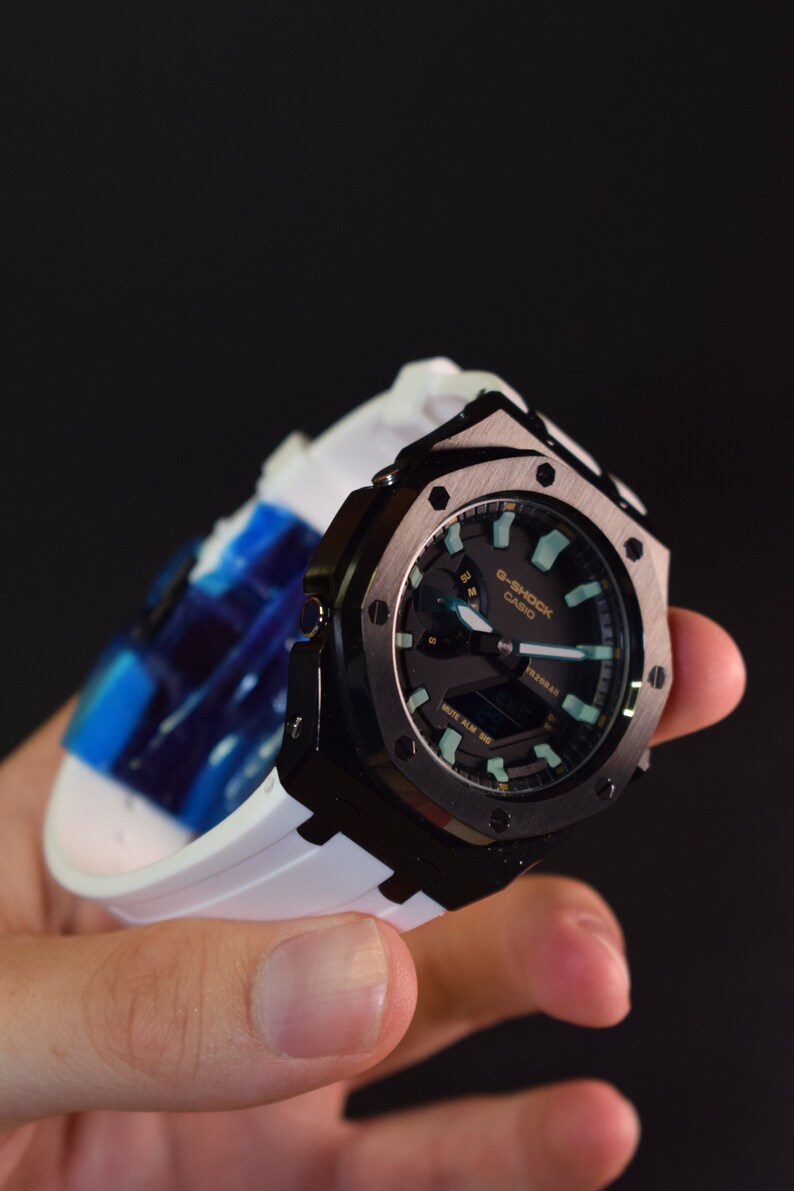 CASIO G-shock GA-2100 Mod, Black Case, White Silicone Strap. Black Dial ...