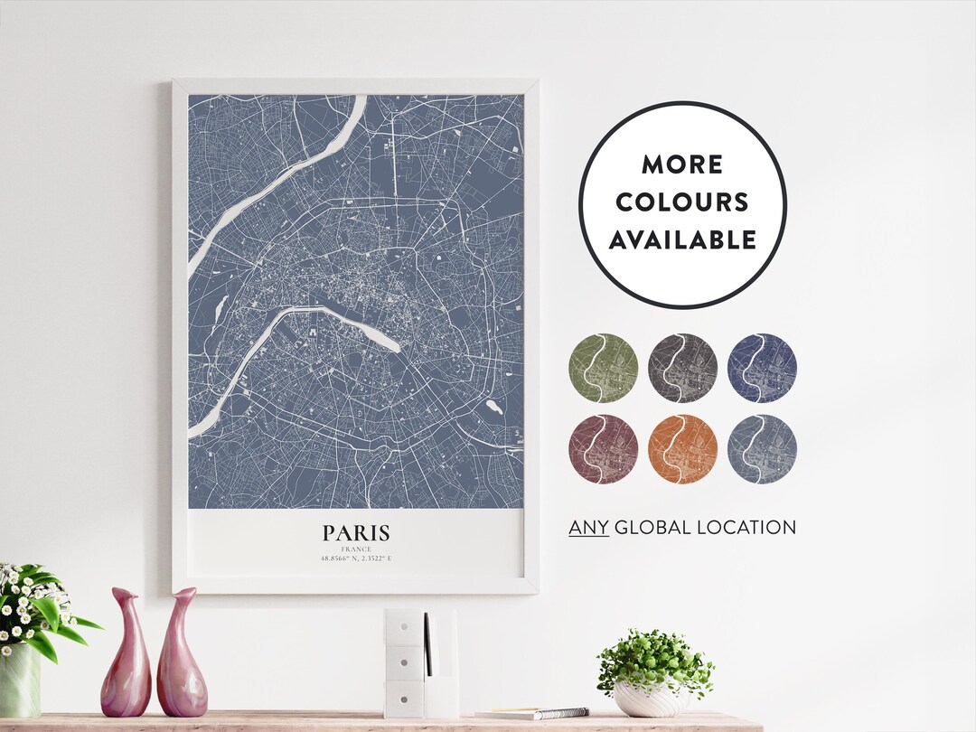 Paris City Map Print | Custom Location Option | Colour Options | Wall ...