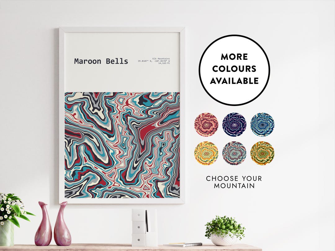 Maroon Bells Contour Print | Custom Mountain | Vibrant Colours ...