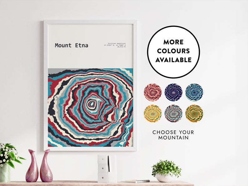 Mount Etna Contour Print | Custom Mountain | Vibrant Colours ...