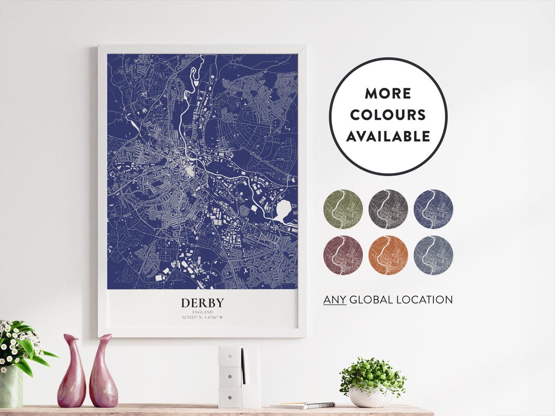 Derby Map Print | Custom Location | Personalised | Colour Options ...