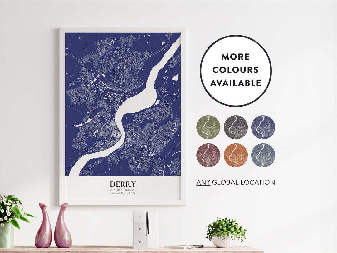 Derry Map Print | Custom Location | Personalised | Colour Options ...