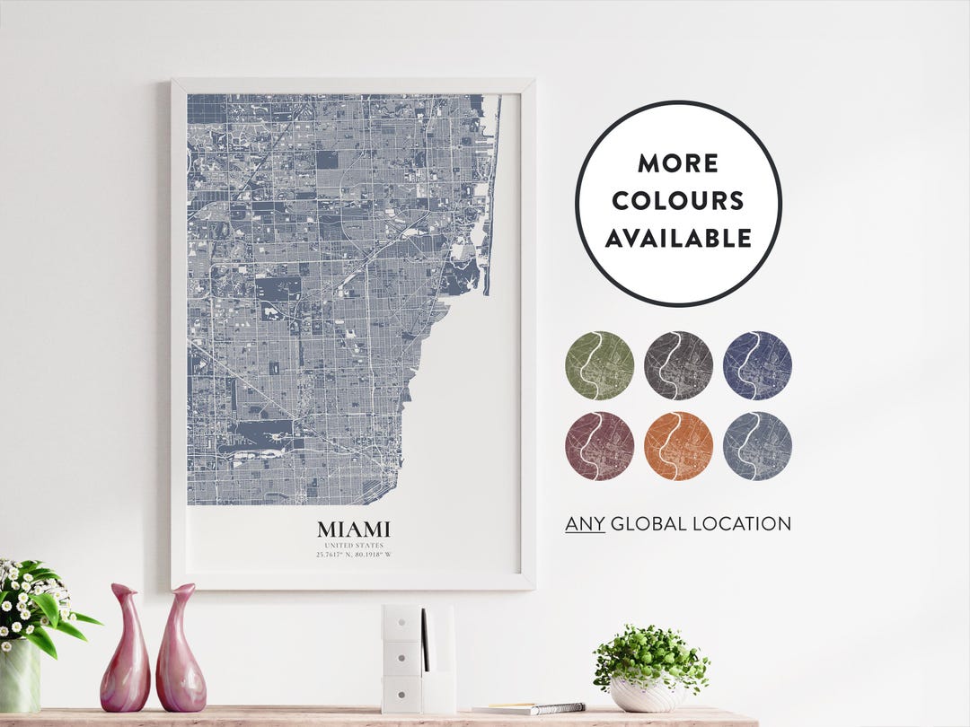 Miami City Map Print | Custom Location Option | More Colours | Wall Art ...